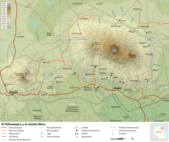 Archivo: Mount Kilimanjaro and Mount Meru map-es