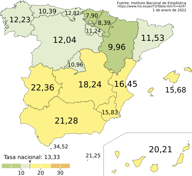 Archivo: Mapa con la tasa de paro en España por comunidades autónomas actualizado a datos de ...