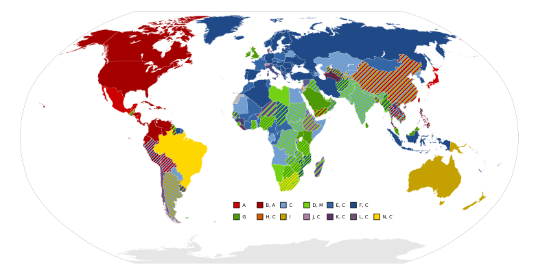 Archivo: World map of electrical mains power plug types used